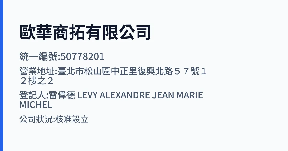 歐華商拓有限公司 - 統編 50778201(臺北市) 公司登記資料與營業項目詳細圖表