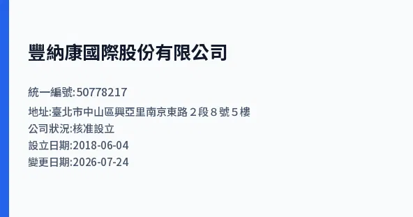 豐納康國際股份有限公司的照片-統編 50778217 公司登記資料與營業項目詳細圖表