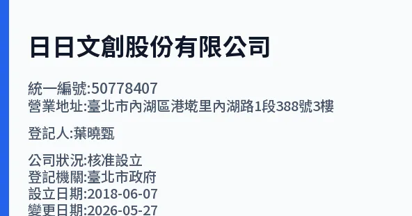 日日文創股份有限公司的照片-統編 50778407(臺北市) 公司登記資料與營業項目詳細圖表