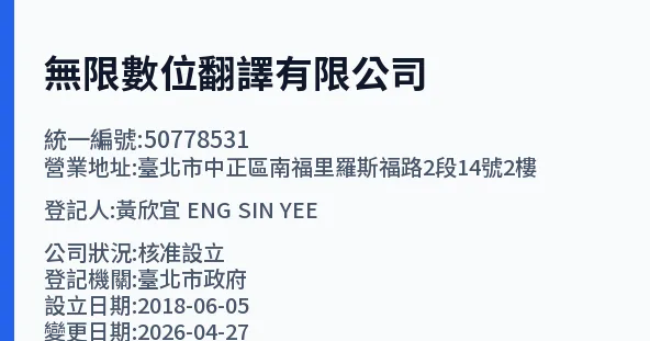 無限數位翻譯有限公司的照片-統編 50778531(臺北市) 公司登記資料與營業項目詳細圖表