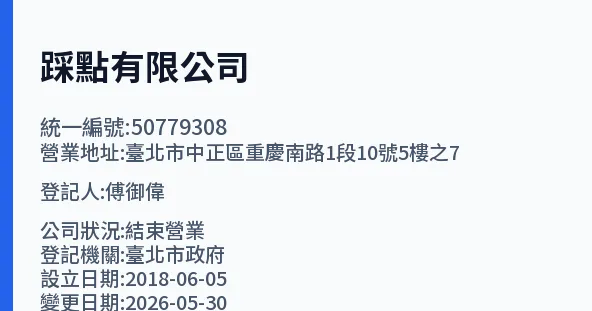 踩點有限公司的照片-統編 50779308(臺北市) 公司登記資料與營業項目詳細圖表