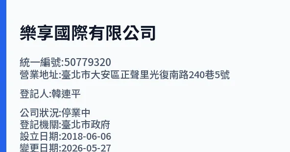 樂享國際有限公司的照片-統編 50779320(臺北市) 公司登記資料與營業項目詳細圖表