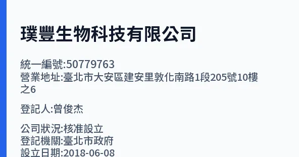 璞豐生物科技有限公司的照片-統編 50779763(臺北市) 公司登記資料與營業項目詳細圖表