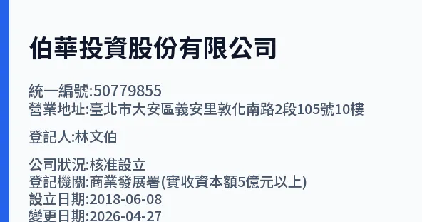 伯華投資股份有限公司的照片-統編 50779855(臺北市) 公司登記資料與營業項目詳細圖表