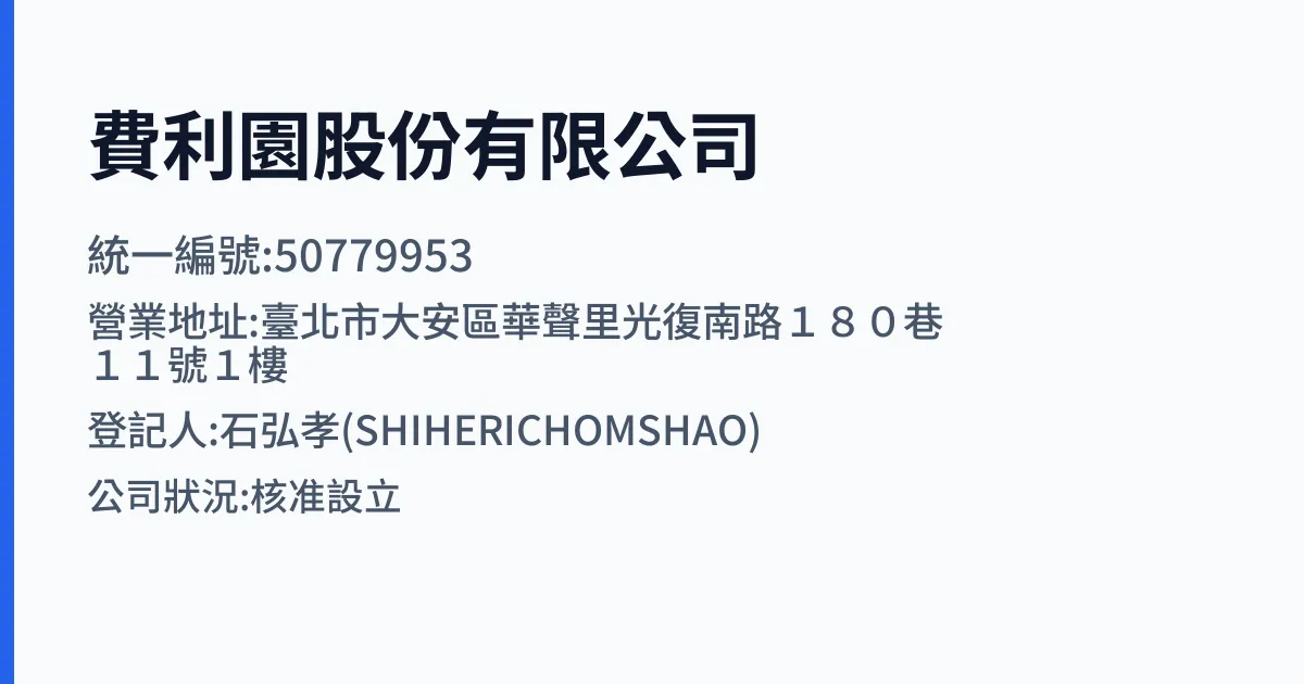 費利園股份有限公司 - 統編 50779953(臺北市) 公司登記資料與營業項目詳細圖表