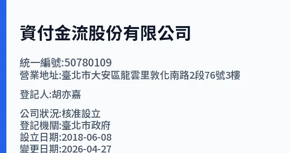 資付金流股份有限公司的照片-統編 50780109(臺北市) 公司登記資料與營業項目詳細圖表