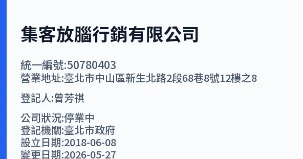 集客放腦行銷有限公司的照片-統編 50780403(臺北市) 公司登記資料與營業項目詳細圖表