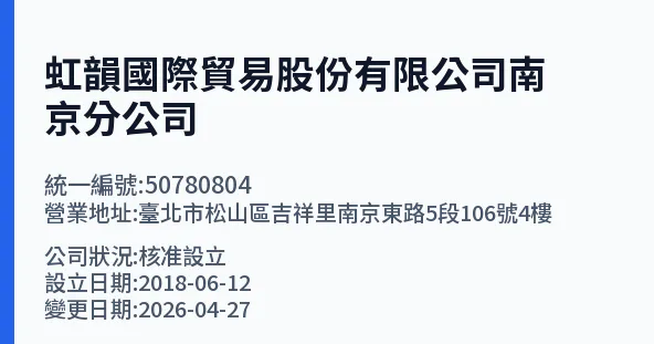 虹韻國際貿易股份有限公司南京分公司的照片-統編 50780804(臺北市) 公司登記資料與營業項目詳細圖表
