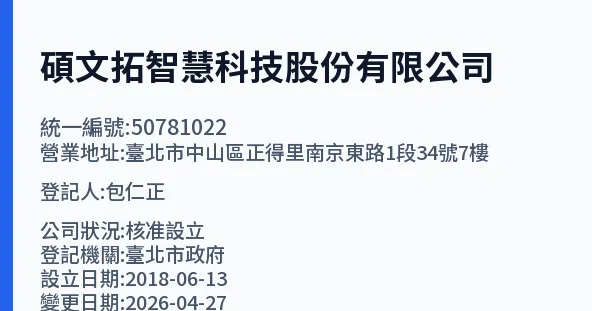 碩文拓智慧科技股份有限公司的照片-統編 50781022(臺北市) 公司登記資料與營業項目詳細圖表