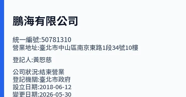 鵬海有限公司的照片-統編 50781310(臺北市) 公司登記資料與營業項目詳細圖表