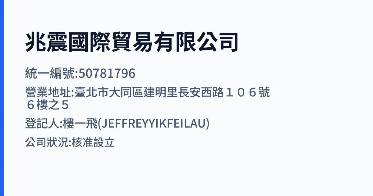兆震國際貿易有限公司 - 統編 50781796(臺北市) 公司登記資料與營業項目詳細圖表