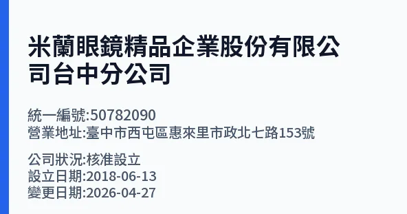 米蘭眼鏡精品企業股份有限公司台中分公司的照片-統編 50782090(臺中市) 公司登記資料與營業項目詳細圖表