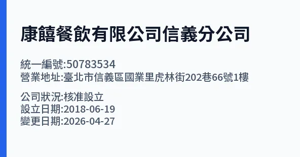 康饎餐飲有限公司信義分公司的照片-統編 50783534(臺北市) 公司登記資料與營業項目詳細圖表