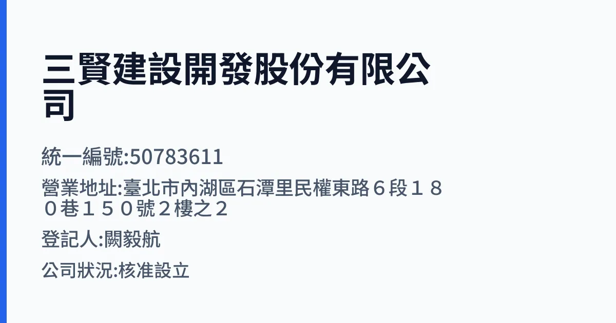 三賢建設開發股份有限公司 - 統編 50783611(臺北市) 公司登記資料與營業項目詳細圖表