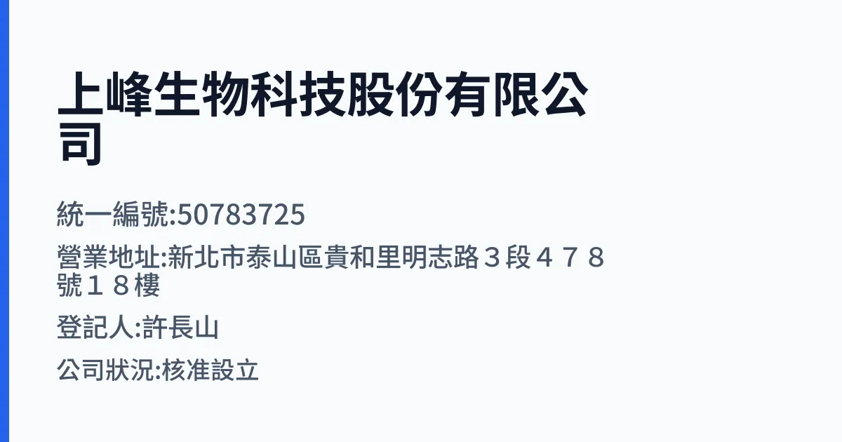 上峰生物科技股份有限公司 - 統編 50783725(新北市) 公司登記資料與營業項目詳細圖表