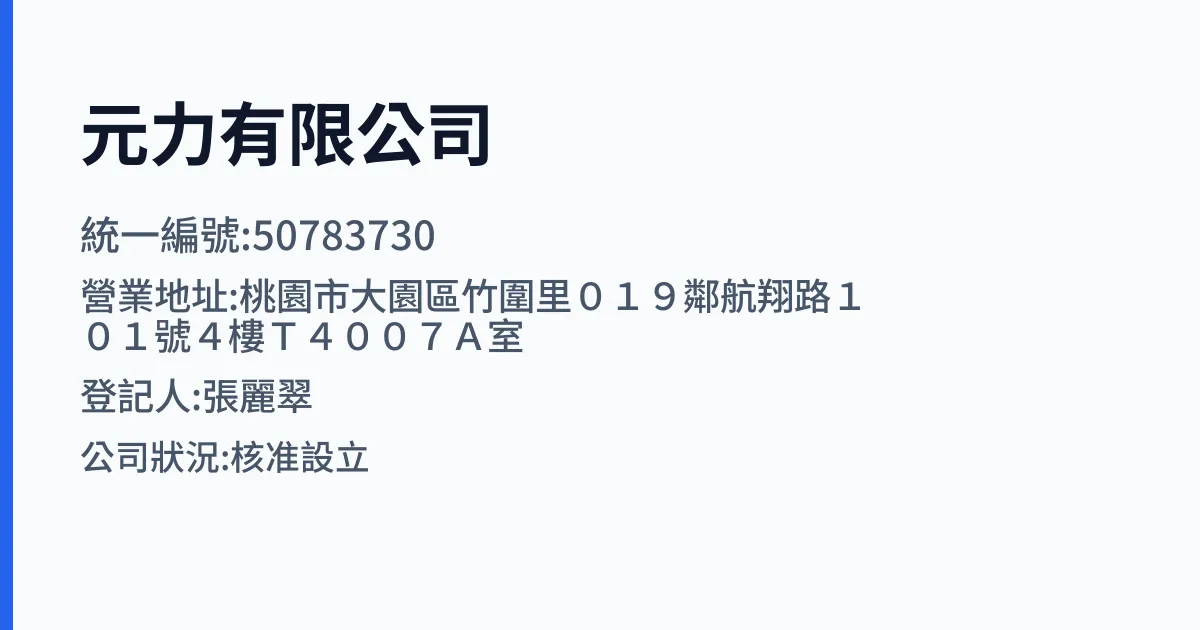 元力有限公司 - 統編 50783730(桃園市) 公司登記資料與營業項目詳細圖表