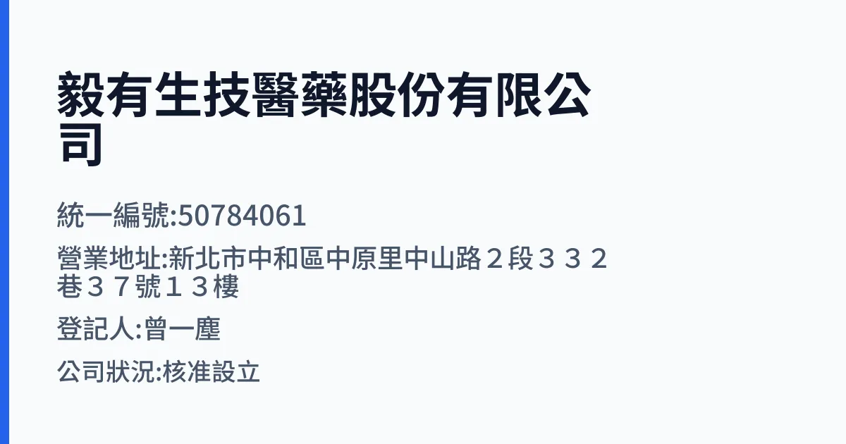 毅有生技醫藥股份有限公司 - 統編 50784061(新北市) 公司登記資料與營業項目詳細圖表