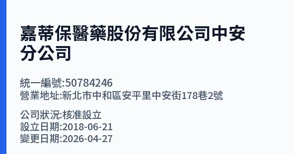 嘉蒂保醫藥股份有限公司中安分公司的照片-統編 50784246(新北市) 公司登記資料與營業項目詳細圖表