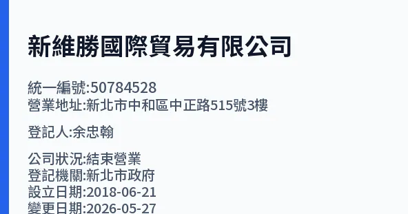 新維勝國際貿易有限公司的照片-統編 50784528(新北市) 公司登記資料與營業項目詳細圖表