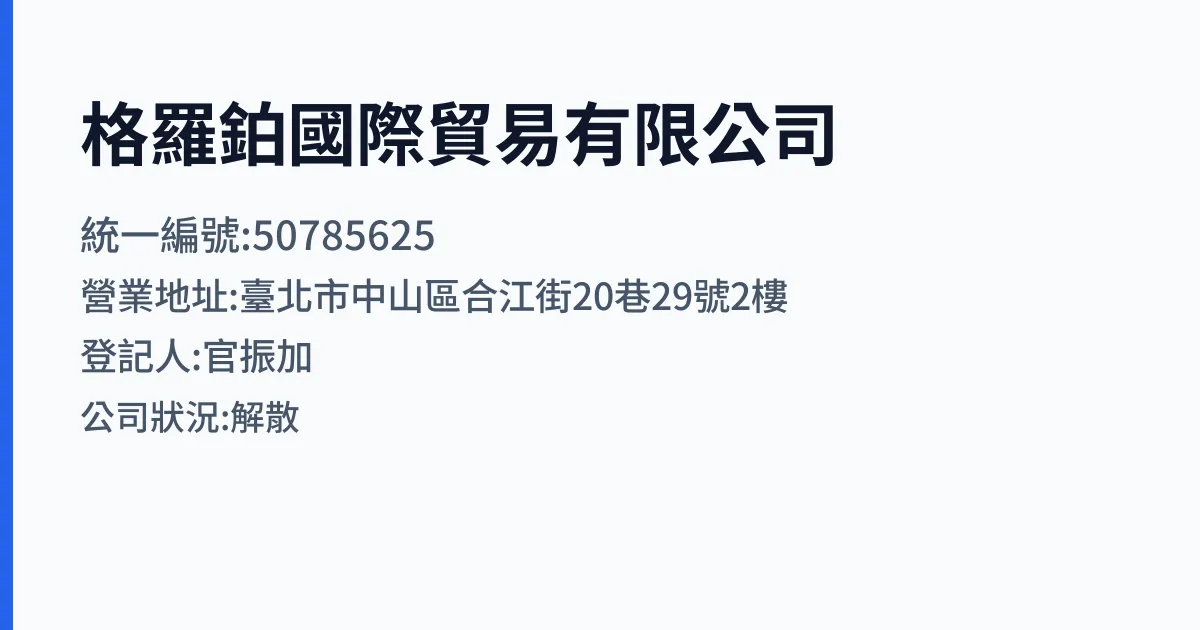 格羅鉑國際貿易有限公司 - 統編 50785625(臺北市) 公司登記資料與營業項目詳細圖表