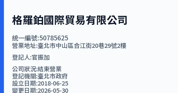 格羅鉑國際貿易有限公司的照片-統編 50785625(臺北市) 公司登記資料與營業項目詳細圖表