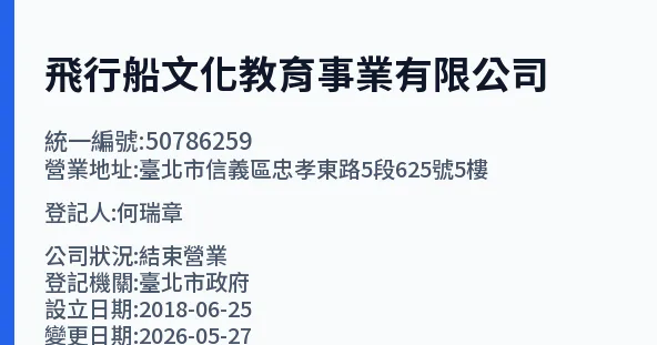 飛行船文化教育事業有限公司的照片-統編 50786259(臺北市) 公司登記資料與營業項目詳細圖表