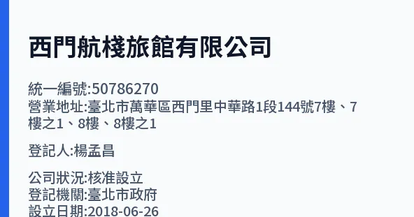 西門航棧旅館有限公司的照片-統編 50786270(臺北市) 公司登記資料與營業項目詳細圖表