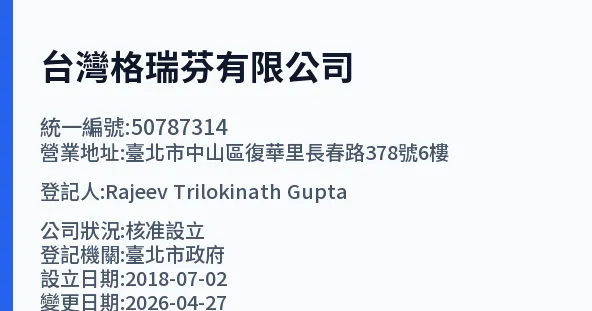 台灣格瑞芬有限公司的照片-統編 50787314(臺北市) 公司登記資料與營業項目詳細圖表