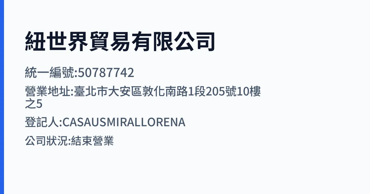 紐世界貿易有限公司 - 統編 50787742(臺北市) 公司登記資料與營業項目詳細圖表
