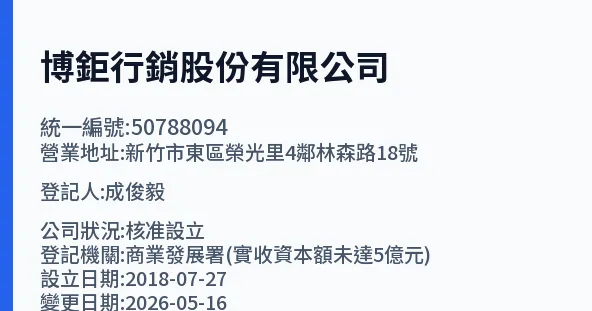 博鉅行銷股份有限公司的照片-統編 50788094(新竹市) 公司登記資料與營業項目詳細圖表