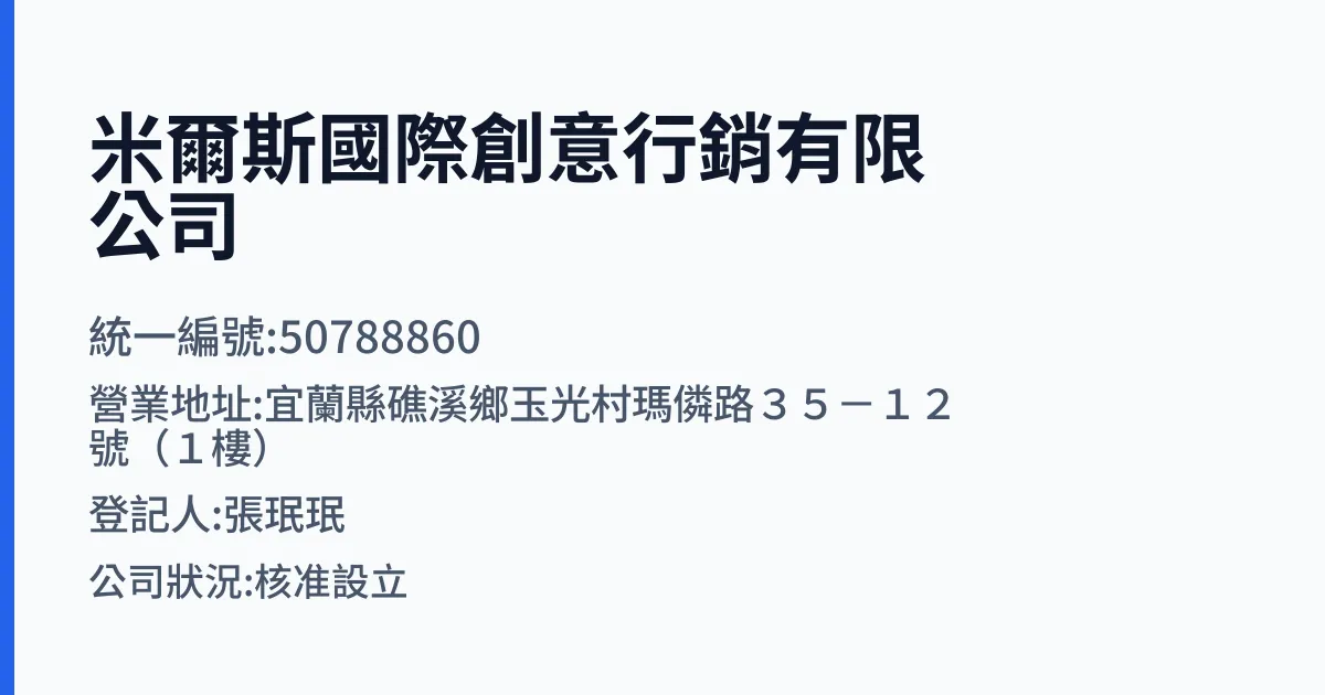 米爾斯國際創意行銷有限公司 - 統編 50788860(宜蘭縣) 公司登記資料與營業項目詳細圖表