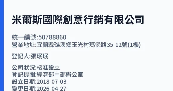 米爾斯國際創意行銷有限公司的照片-統編 50788860(宜蘭縣) 公司登記資料與營業項目詳細圖表