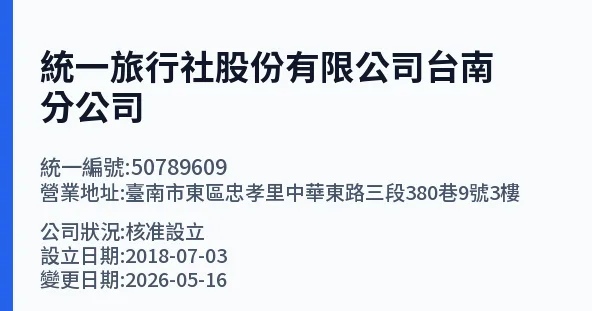 統一旅行社股份有限公司台南分公司的照片-統編 50789609(臺南市) 公司登記資料與營業項目詳細圖表