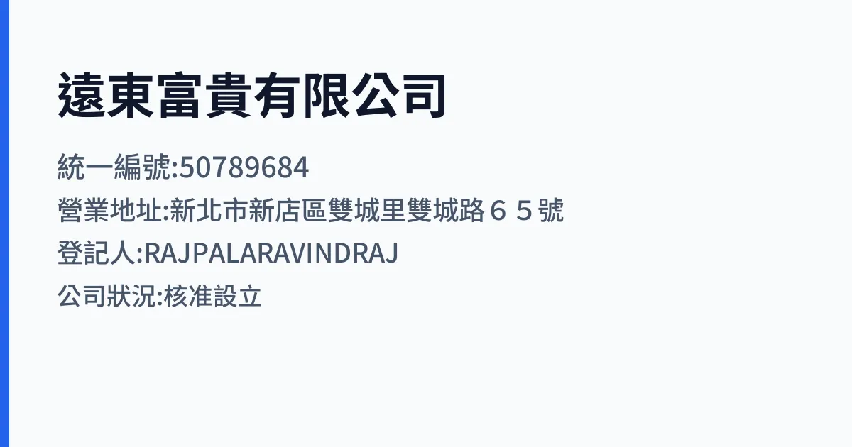 遠東富貴有限公司 - 統編 50789684(新北市) 公司登記資料與營業項目詳細圖表