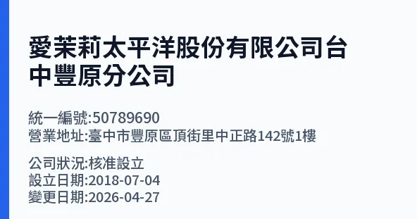 愛茉莉太平洋股份有限公司台中豐原分公司的照片-統編 50789690(臺中市) 公司登記資料與營業項目詳細圖表