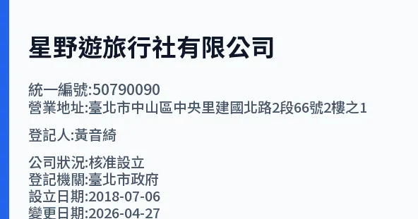 星野遊旅行社有限公司的照片-統編 50790090(臺北市) 公司登記資料與營業項目詳細圖表