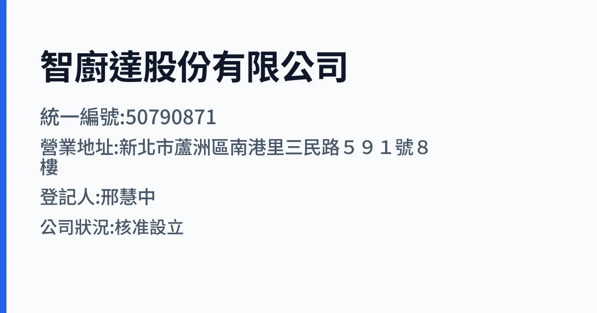 智廚達股份有限公司 - 統編 50790871(新北市) 公司登記資料與營業項目詳細圖表