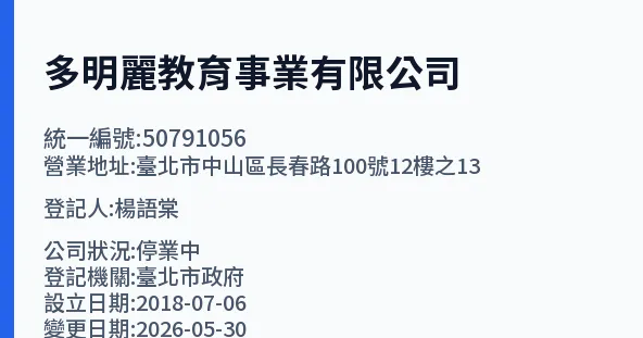 多明麗教育事業有限公司的照片-統編 50791056(臺北市) 公司登記資料與營業項目詳細圖表