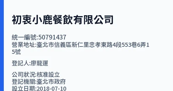 初衷小鹿餐飲有限公司的照片-統編 50791437(臺北市) 公司登記資料與營業項目詳細圖表