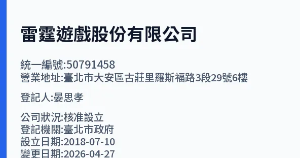雷霆遊戲股份有限公司的照片-統編 50791458(臺北市) 公司登記資料與營業項目詳細圖表