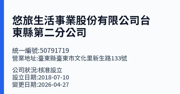 悠旅生活事業股份有限公司台東縣第二分公司的照片-統編 50791719(臺東縣) 公司登記資料與營業項目詳細圖表