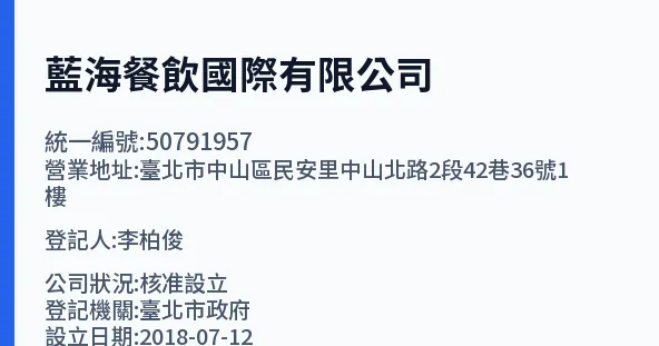 藍海餐飲國際有限公司的照片-統編 50791957(臺北市) 公司登記資料與營業項目詳細圖表