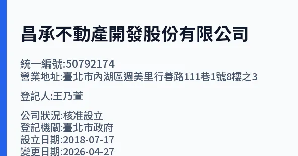 昌承不動產開發股份有限公司的照片-統編 50792174(臺北市) 公司登記資料與營業項目詳細圖表