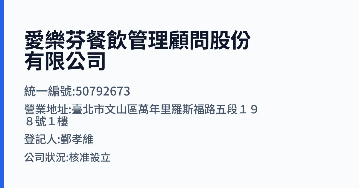 愛樂芬餐飲管理顧問股份有限公司 - 統編 50792673(臺北市) 公司登記資料與營業項目詳細圖表