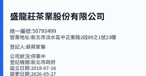盛龍莊茶業股份有限公司的照片-統編 50793499(新北市) 公司登記資料與營業項目詳細圖表
