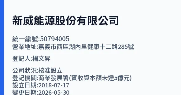 新威能源股份有限公司的照片-統編 50794005(嘉義市) 公司登記資料與營業項目詳細圖表