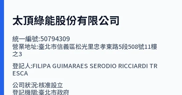 太頂綠能股份有限公司的照片-統編 50794309(臺北市) 公司登記資料與營業項目詳細圖表