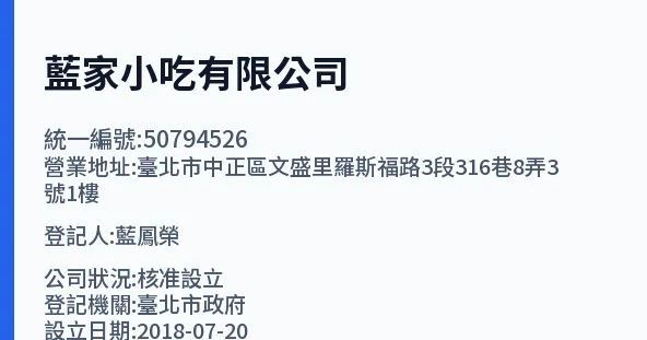 藍家小吃有限公司的照片-統編 50794526(臺北市) 公司登記資料與營業項目詳細圖表