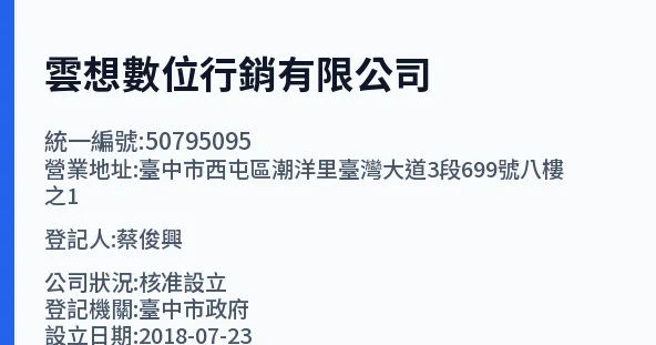雲想數位行銷有限公司的照片-統編 50795095(臺中市) 公司登記資料與營業項目詳細圖表