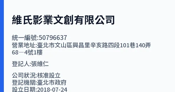 維氏影業文創有限公司的照片-統編 50796637(臺北市) 公司登記資料與營業項目詳細圖表